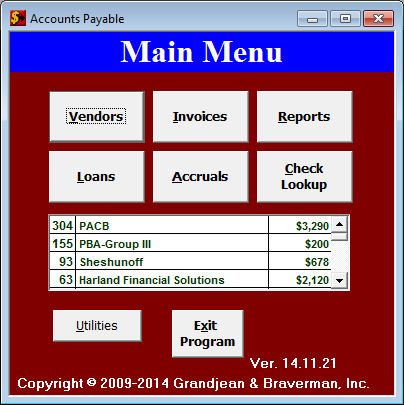 Accounts Payable (Main Menu) [Grandjean & Braverman, Inc]